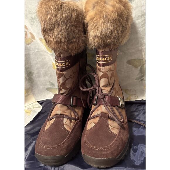 Coach | Shoes | Coach Brown Monogrammed Sahara Fur Trimmed Winter Boots ...